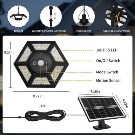 Lampe solaire LED suspendue d'intérieur et d'extérieur 1200 lm , 5 modes d'éclairage avec ...