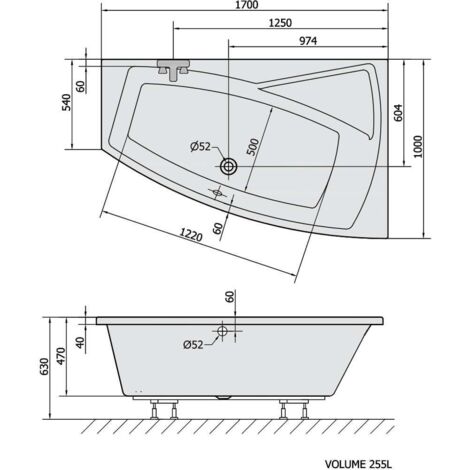 Polysan Bañeras - Bañera asimétrica EVIA 170 R, 170x100x47 cm, blanca 22611