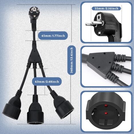 Triple Plug for Socket, Extension Cable with 3 Schuko Sockets 16A/ 250V ...