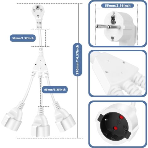 Triple Plug for Socket, Extension Cable with 3 Schuko Sockets 16A/ 250V ...