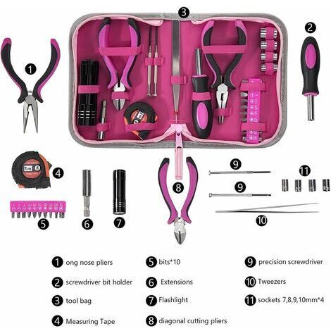 Pink Tool Kit 23 Pieces Women Home Tool Set with Tape Measure Cutters ...