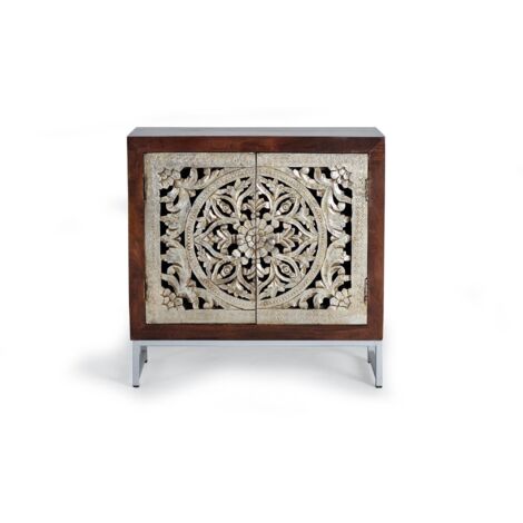 Buffet 2 portes en bois de manguier sculptée et feuille d'argent