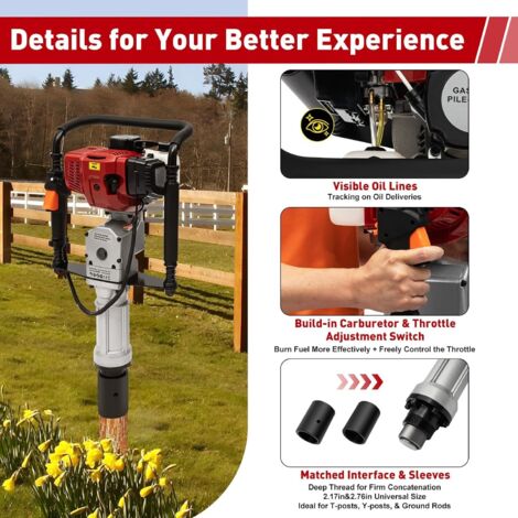 52CC 2 Stroke Gas Powered T Post Driver, 1900W Gas Powered Pile Driver ...