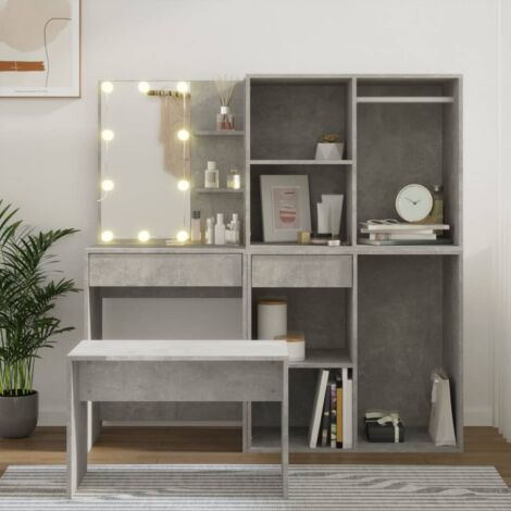 Dressing Table Set with LED Concrete Grey Engineered Wood vidaXL