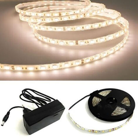 RUBAN LED 5050 FLEXIBLE 5M ADHÉSIF ALIMENTATION LUMIÈRE BLANCHE ...