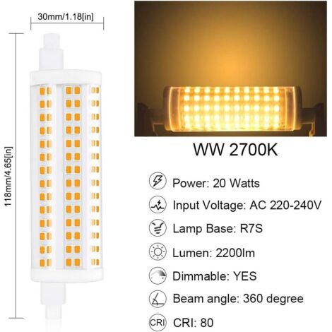 20 W dimmbare R7S 118 mm LED-Lampen mit 2200 lm Warmweiß 2700 K, 200 W ...