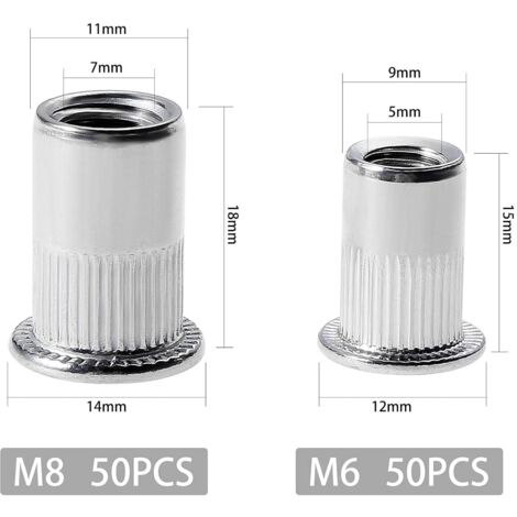 100 Pièces Rivet Ecrou M6 M8, Écrous à Rivets en Acier Inox, Tête Plate ...