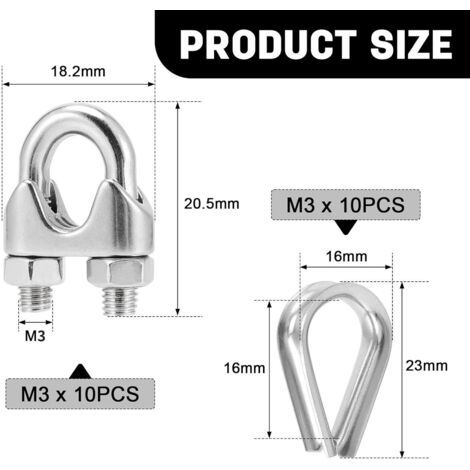 Lot de 20 serre-câbles M3 - 3 mm - En acier inoxydable - Serre-câble ...