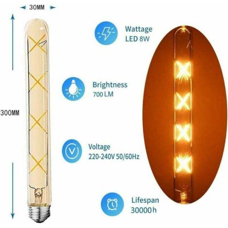 Tigrezy 2 Packungen E27 T30 LED-Glühlampe, 8 W, bernsteinfarbenes Glas, warmweiße Lichtröhre ...