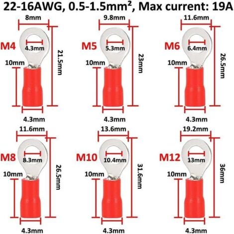 RV1.25 100 Rouge Anneau en cuivre connecteur Terminal isolé 16-22 GA Fil à sertir kit de câble à ...