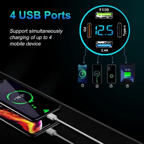 LaBlanc - Cargador de coche USB de 4 puertos, 20 W, doble PD y QC3.0, rápido, con voltímetro LED ...