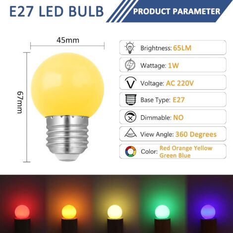Paquete de 10 bombillas LED de color E27 de 1 W, equivalentes a ...