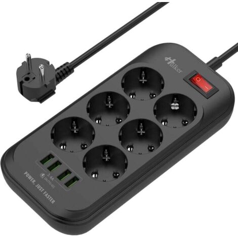 Regleta de enchufes USB YMYNY con 6 tomas, 4 puertos USB, protector contra sobretensiones, cable ...