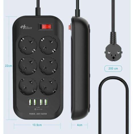 Regleta de enchufes USB YMYNY con 6 tomas, 4 puertos USB, protector contra sobretensiones, cable ...