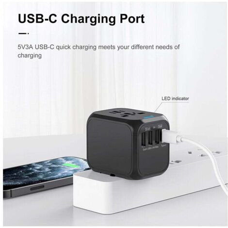 Reiseadapter, Universal-Steckeradapter mit Typ-C + 3 USB-Anschlüssen ...