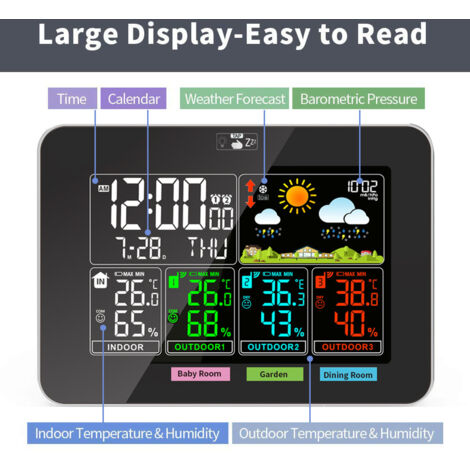 Kabellose Wetterstation mit 3 Sensoren, digitales Thermometer ...