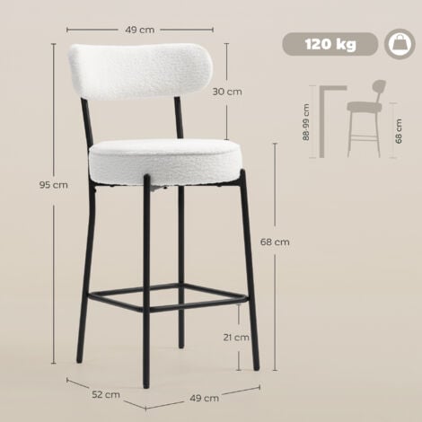 Lot de 2 tabourets de bar en tissu bouclette, chaises de bar avec dossier courbé, repose-pieds ...