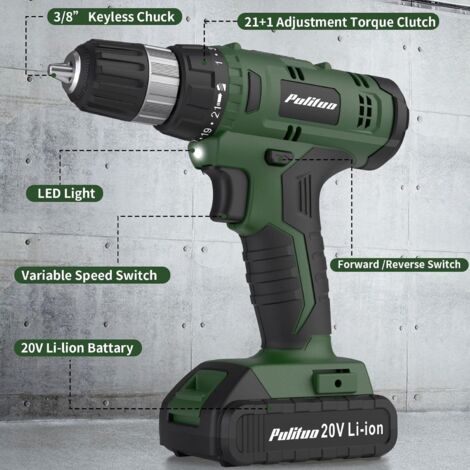Taladro inalámbrico PULITUO 20 V, potente kit de brocas, torque de 30 ...