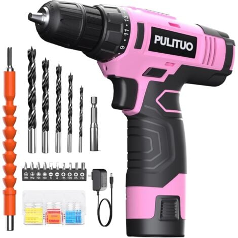 Kit de taladro eléctrico inalámbrico PULITUO de 12 V, color rosa, con ...
