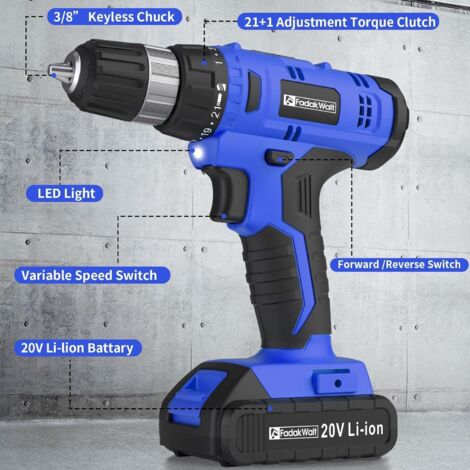 FADAKWALT 20V Cordless Drill Set ，Powerful Drill bit Sets,Torque 30N,21 ...