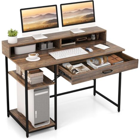 COSTWAY Schreibtisch mit Schublade, Monitorständer & 2 offenen Regalen ...