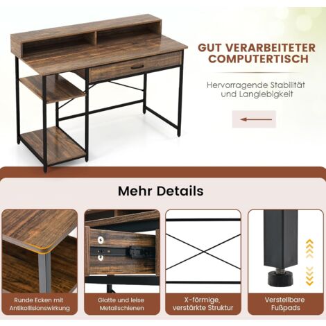 COSTWAY Schreibtisch mit Schublade, Monitorständer & 2 offenen Regalen ...