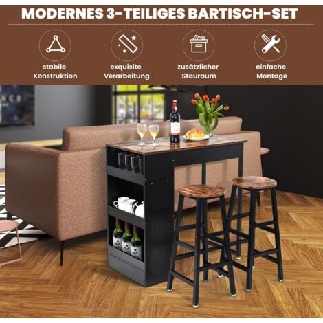 COSTWAY Bartisch mit Barhocker Set, Stehtisch mit 2 Barhockern und 3 Ablageflächen, Tresentisch ...
