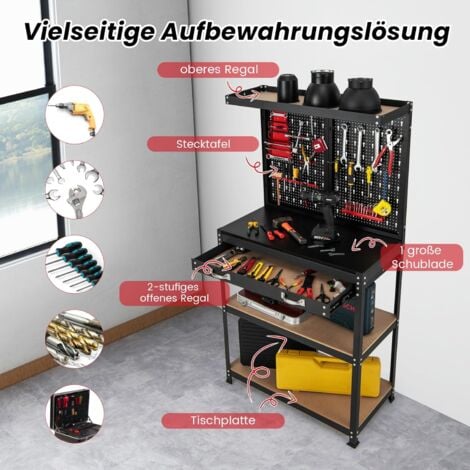 COSTWAY Werkbank, Werkzeugbank mit Lochwand, Werktisch mit Schublade, große Arbeitsplatte & 3 ...