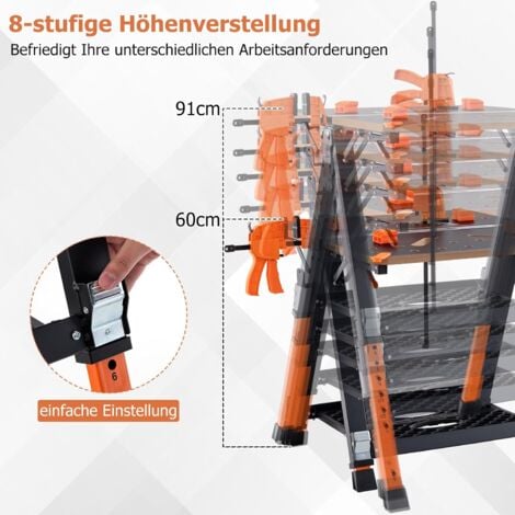 COSTWAY 2 in 1 Arbeitstisch klappbar, Werkbank mit 8 einstellbaren Höhen, Arbeitsfläche ...