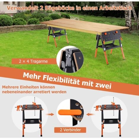COSTWAY 2 in 1 Arbeitstisch klappbar, Werkbank mit 8 einstellbaren Höhen, Arbeitsfläche ...