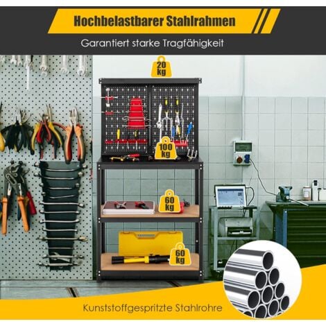 COSTWAY Werkbank mit Lochwand & 2 unteren Ablagen, Werktisch zur Werkzeugaufbewahrung, 13 ...