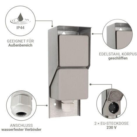 Aufputz Steckdose für außen 2-fach IP44 Gartensteckdose - Farbe: Edelstahl