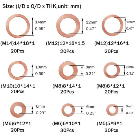 CCYKXA 200-Piece Copper Washer Assortment Kit, 9 Sizes, M5 to M14 ...