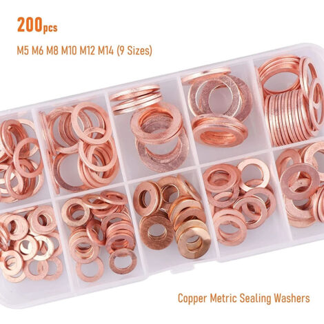 CCYKXA 200-Piece Copper Washer Assortment Kit, 9 Sizes, M5 to M14 ...