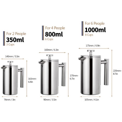 Eosnow Cafetière à piston en acier inoxydable à double paroi isolée 350 ml/800 ml/1 000 ml