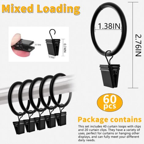 60 Pièces Pince Rideaux Noir, Anneaux Rideaux avec Pince Acier ...