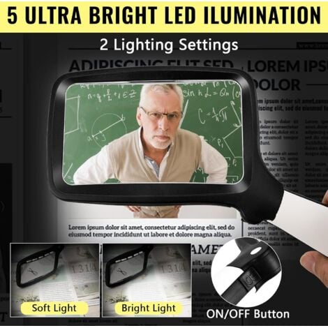 Loupe de Lecture rectangulaire, Loupe de Lecture Lumineuse, 3X Grand Loupes Eclairante avec 5 ...