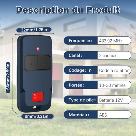 Lot de 3 Télécommandes Portail Mitto 2, 2 Canaux 433.92 MHz ...