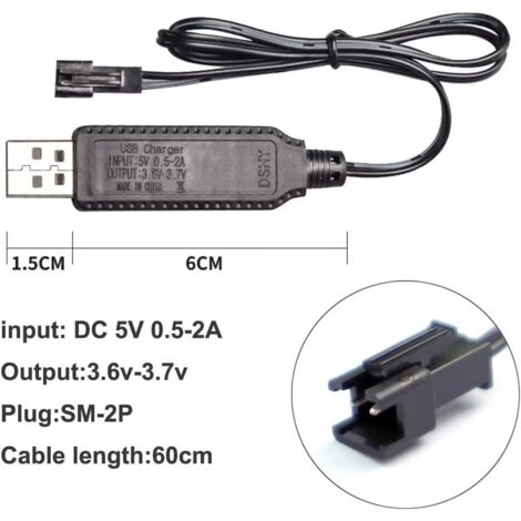 3.6V 3.7V USB Charging Cable (2 Pack) for 2-Pin SM LiPo Batteries, Used ...