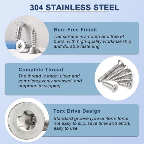 3x30 stainless steel wood screws, Torx countersunk head, stainless ...