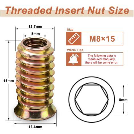 M8 threaded inserts for wood, M8 x 15 mm screw nuts, galvanized screw ...