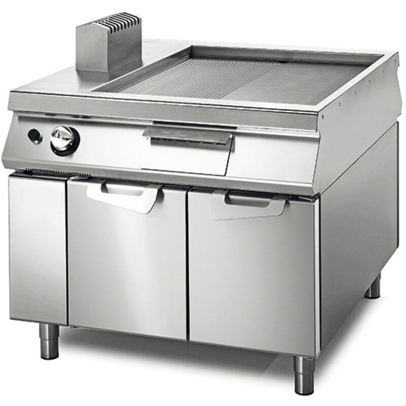 Fry-Top Gaz Chromée ½ Lisse ½ Nervurée sur Coffre avec Portes, Tableau ...