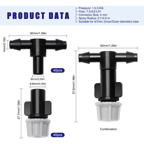 40 Pcs Spray Nozzle with Tee Joints, Mist Watering T Joints, T Type ...