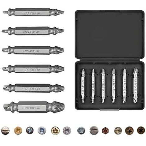 Kit de 6 Extracteur Vis en Acier HSS 4341 Tourne à Gauche Extracteur de Vis Cassée Multifonction ...