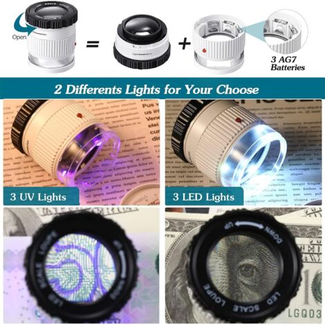 Lupa 30X (blanca), con iluminación LED y luz ultravioleta, distancia ...