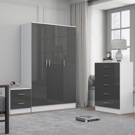 Reflect 3 Door Plain Wardrobe, 5 Drawer Chest, 2 Drawer Bedside - Grey ...