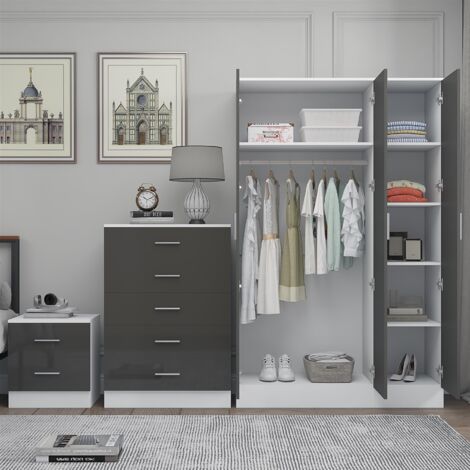 Reflect 3 Door Plain Wardrobe, 5 Drawer Chest, 2 Drawer Bedside - Grey ...