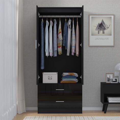 Reflect 2 Door 2 Drawer Combi Plain Wardrobe - Black Gloss & Black Oak ...