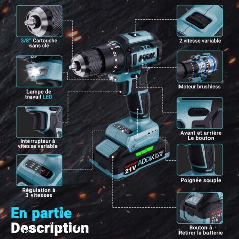 Perceuse visseuse 21V Mode 24+3 - 3 vitesses, 0-1850 RPM, couple ...