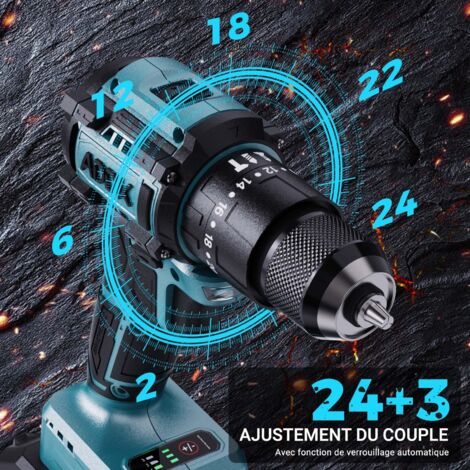 Perceuse visseuse 21V Mode 24+3 - 3 vitesses, 0-1850 RPM, couple ...